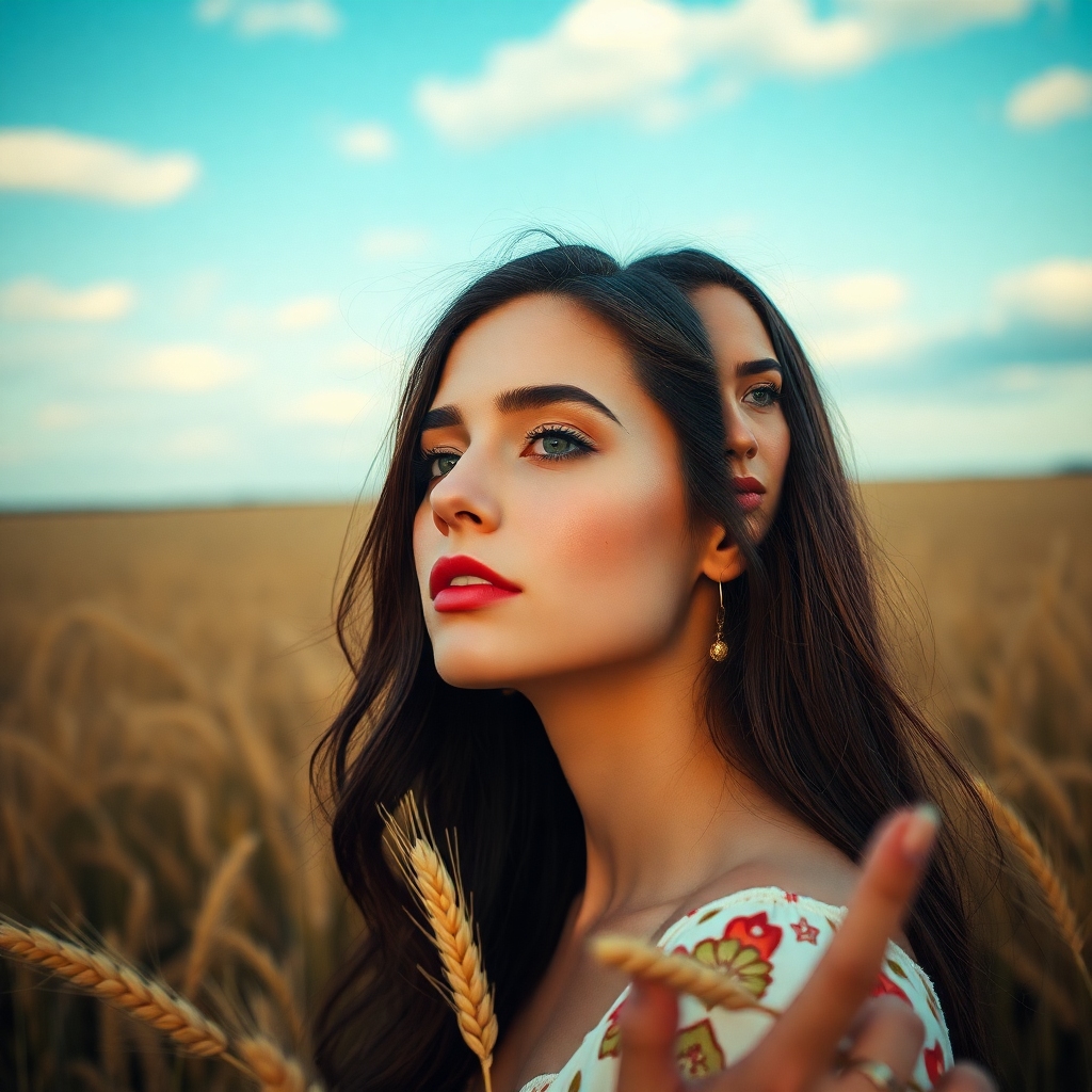 Peux tu me générer une œuvre d’art représentant une femme dans les champs de blé sous un ciel ...