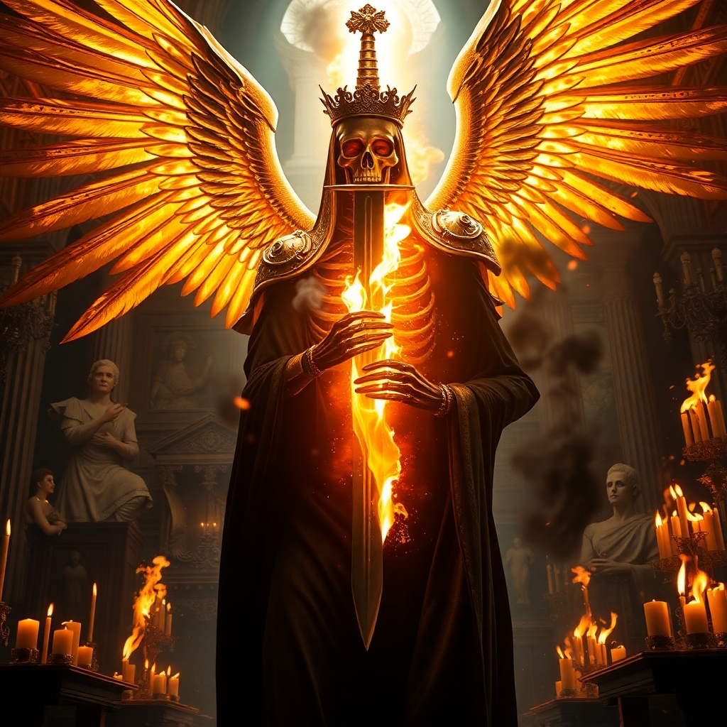 Hyperrealistic scene: A towering angel with blazing golden wings and ...